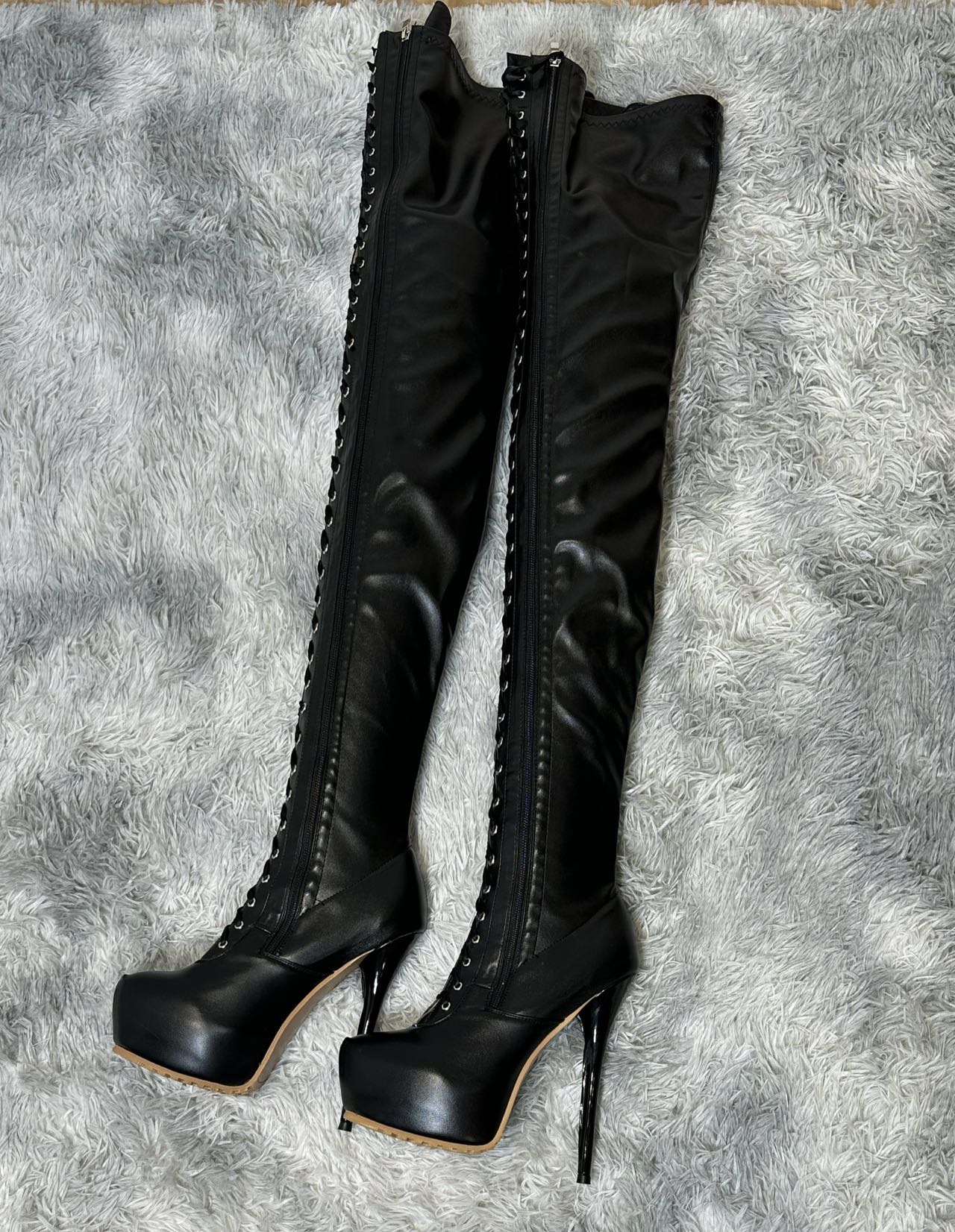 Platform Black Lace Up Thigh High Boots | Corset Gothic Style - Luximous